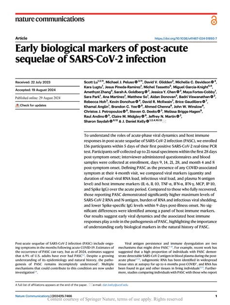 Pdf Early Biological Markers Of Post Acute Sequelae Of Sars Cov 2 Infection