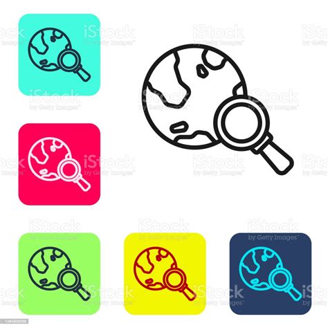 흰색 배경에 고립 된 글로브 아이콘과 블랙 라인 돋보기 세계를 분석합니다 전역 검색 기호입니다 색상 정사각형 단추로 아이콘을 설정합니다 벡터 0명에 대한 스톡 벡터 아트 및