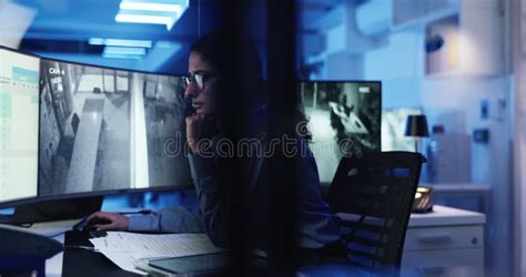 Computer Screen Security Guard And Woman With Cctv For Surveillance Problem Solving Or