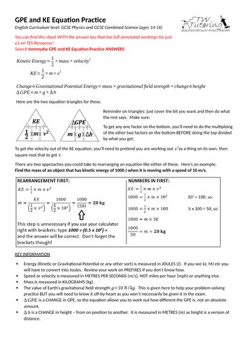 Gpe And Ke Equation Practice Teaching Resources
