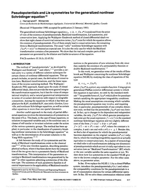 Pdf Pseudopotentiais And Lie Symmetries For The Generalized Nonlinear Schrödinger Equation
