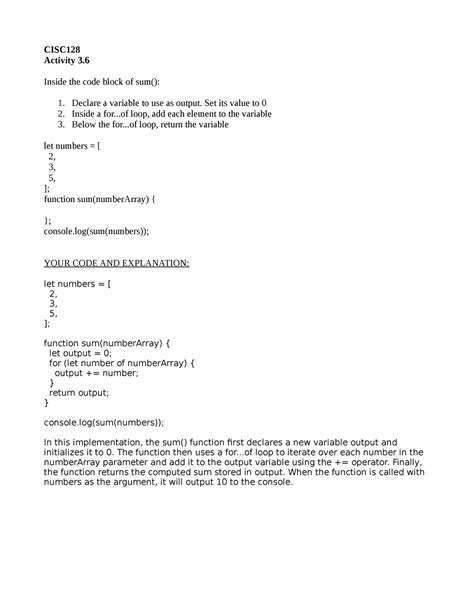 Cisc128 Activity 3 6 Cisc Activity 3 Inside The Code Block Of Sum
