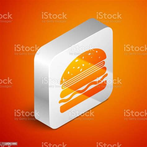 주황색 배경에 격리된 아이소메트릭 버거 아이콘입니다 햄버거 아이콘입니다 치즈 버거 샌드위치 기호입니다 실버 스퀘어 버튼 벡터 일러스트레이션 0명에 대한 스톡 벡터 아트 및