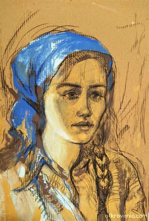 Ескиз момиче със синя забрадка картина Портрет Въглен Акрил Пастел от Milenaart Милена