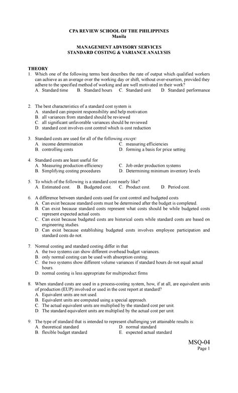 Standard Costs And Variance Analysis Practice Cpa Review School Of The Philippines Manila