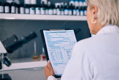 Science Woman In Laboratory And Checklist With Results Inventory List And Pharmaceutical Study