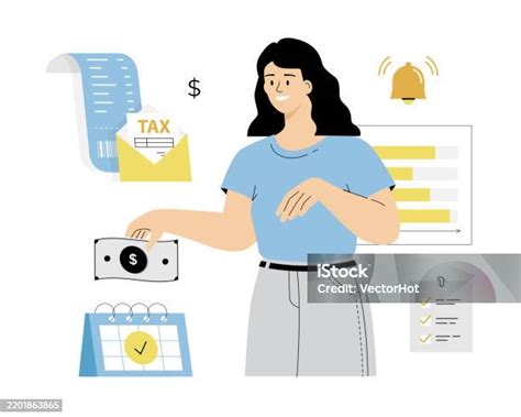 세금 급여일 대출 상환 시기 투자 소득 돈 달력 종 목록 세금 양식 및 송장을 가진 젊은 여자 고립 된 흰색 배경에 벡터 그림 개념에 대한 스톡 벡터 아트 및 기타 이미지