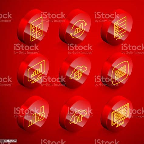 라인 계산기 파이 차트 인포 그래픽 서버 클라우드 및 방패 바이너리 코드 재무 성장 및 다운로드 업로드 아이콘을 설정합니다 벡터