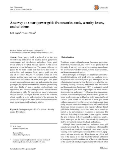 A Survey On Smart Power Grid Frameworks Tools Security Issues Pdf