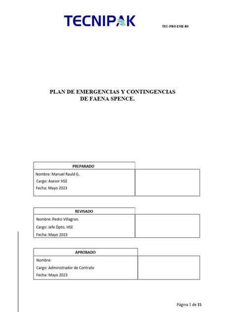 Plan Emergencia Y Contingencia Spence Rev 00 Descargar Gratis Pdf