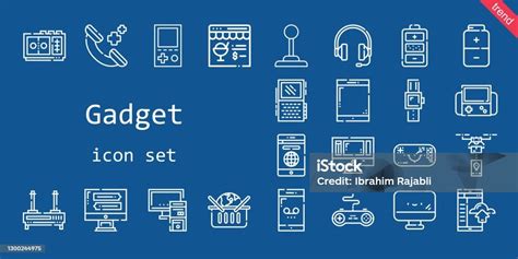 가젯 아이콘 세트입니다 라인 아이콘 스타일입니다 스마트 워치 콘솔 온라인 쇼핑 스마트 폰 헤드폰 조이스틱 화면 모니터 배터리 무인 항공기 음성 레코더 태블릿과 같은 가제트