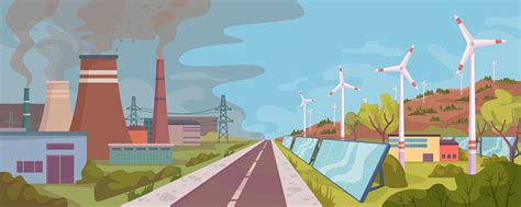 발전소 대 대체 재생 가능 에너지 축적 원 유해한 연기 풍력 터빈 및 태양 전지판이있는 공장 플랫 스타일의 벡터 Performing Arts Event에 대한 스톡 벡터
