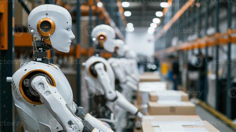 Ai Generated A Line Of Humanoid Robots Efficiently Sorting And Packaging Items In A Distribution