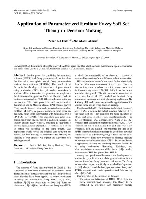 Pdf Application Of Parameterized Hesitant Fuzzy Soft Set Theory In Decision Making