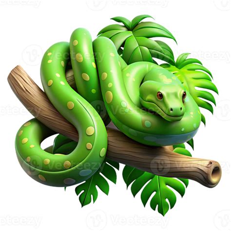 Stunning Traditional A Slithering Green Tree Python Wrapped Around A Branch Jungle Setting