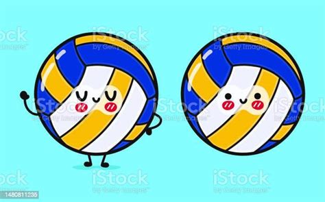 귀여운 재미 있는 배구가 손을 흔든다 벡터 손으로 그린 만화 Kawaii 캐릭터 그림 아이콘입니다 파란색 배경에 격리되어