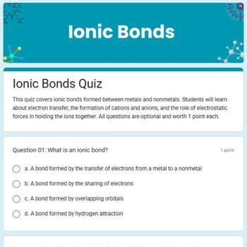 Ionic Bonds Google Form Quiz By Brainy Classroom Resources TPT