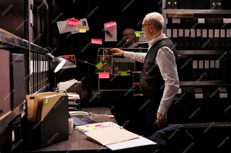 Premium Photo Elderly Private Detective Checking Federal Investigation Files Working Overtime