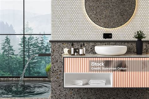 화장대 흰색 세면대 타원형 거울 수영장 테라조 벽과 바닥 창문에서 바라보는 숲 전망 욕실 가구용 벽이 있는 밝고 현대적인 욕실 3d 렌더링 0명에 대한 스톡 사진 및 기타