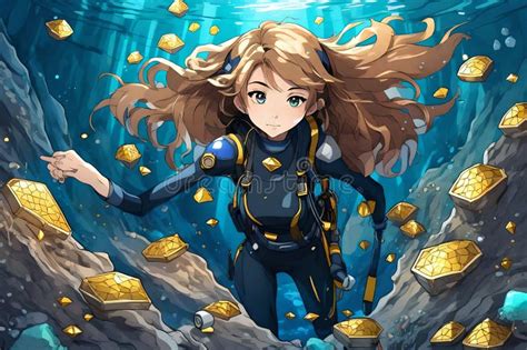 Young Anime Girl Diving Exploring Treasure Filled Cave Stock