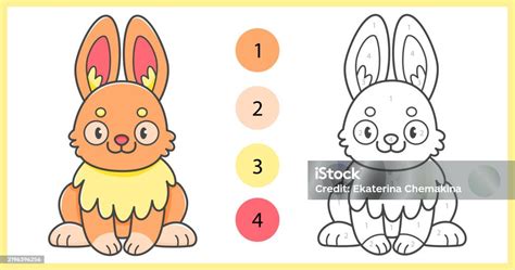 귀여운 생강 토끼와 함께 아이들을 위한 숫자로 색칠하기 책 색칠 예제가 있는 만화 토끼가 있는 색칠 공부 페이지 블랙 앤 화이트 및 컬러 버전 교육에 대한 스톡 벡터 아트