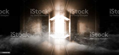 연기 미래 공상 과학 소설 F 우아한 그래픽 배경 어두운 반사 그런지 콘크리트 외계인 우주선 터널 복도 복도 복도 갤러리 차고 조명 빛나는 가상 3d 렌더링 0명에 대한