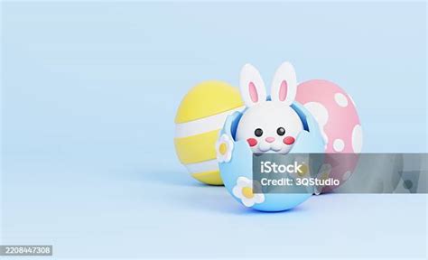 꽃이 부러진 달걀과 부활절 달걀을 가진 토끼 토끼 행복한 부활절 인사 개념에 대 한 밝은 장면 3d 렌더 그림 공휴일에 대한 스톡 사진 및 기타 이미지 Istock
