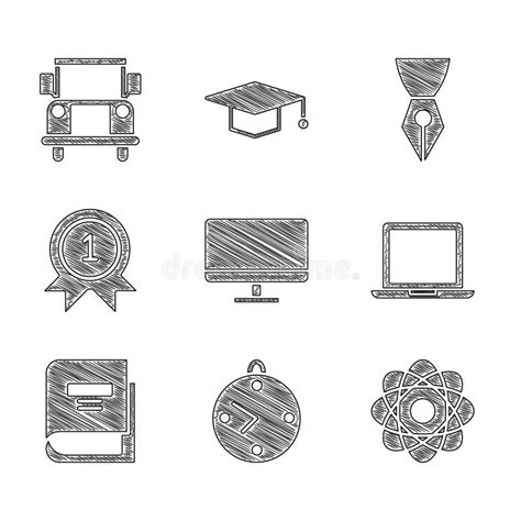 Set Computer Monitor Screen Clock Atom Laptop Book Medal Fountain
