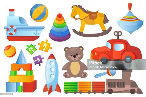 어린이 장난감은 평면 디자인의 그래픽 요소를 설정합니다 배 공 어린이 피라미드 말 팽이 시계 기계 퍼즐 테디 베어 딸랑이 및 기타의 번들 벡터 그림 격리 된 개체 0명에
