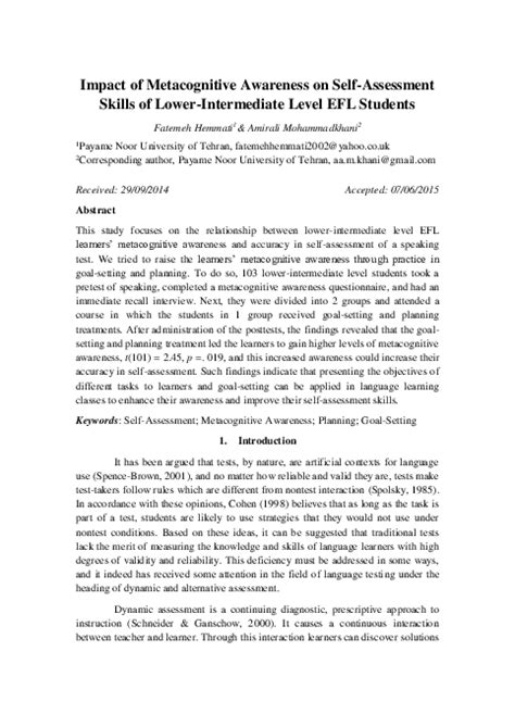 Pdf Impact Of Metacognitive Awareness On Self Assessment Skills Of Lower Intermediate Level