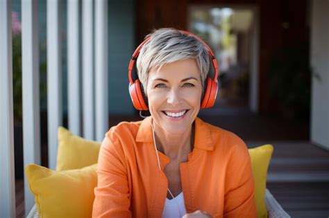 Premium AI Image Middleaged Blonde Woman Headphones Tablet At Country