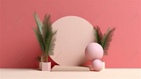 활기찬 여름 분위기 풍선 식물 및 제품 디스플레이로 장식된 세련된 기하학적 연단의 3d 렌더링 3d 식물 배경 원을 그리다 배경 연단 배경 이미지 Hd 3d 식물