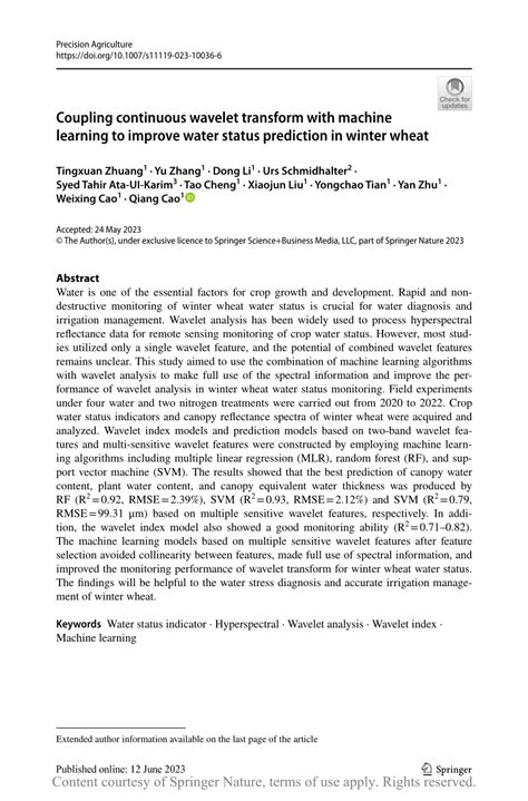 Coupling Continuous Wavelet Transform With Machine Learning To Improve Water Status Prediction