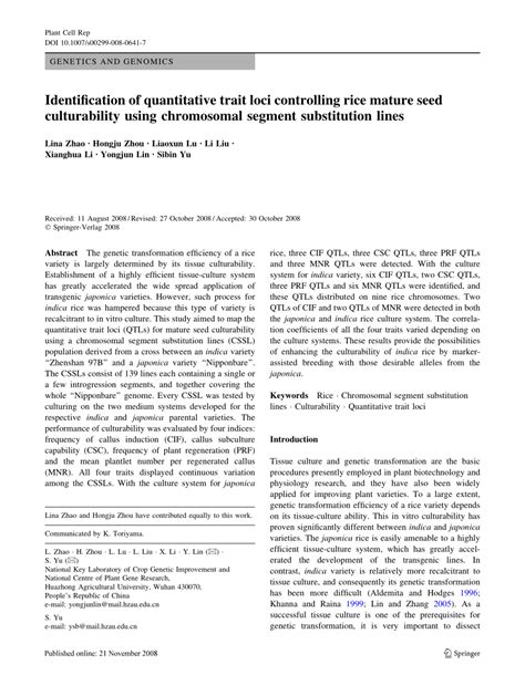 Pdf Identification Of Quantitative Trait Loci Controlling Rice Mature Seed Culturability Using