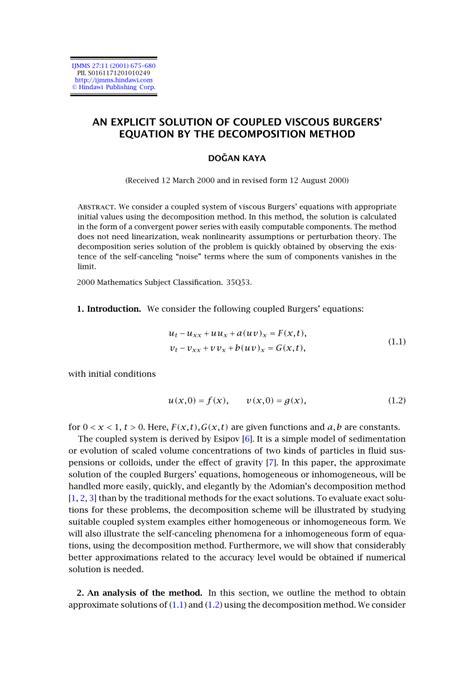 Pdf An Explicit Solution Of Coupled Viscous Burgers Equation By The Decomposition Method