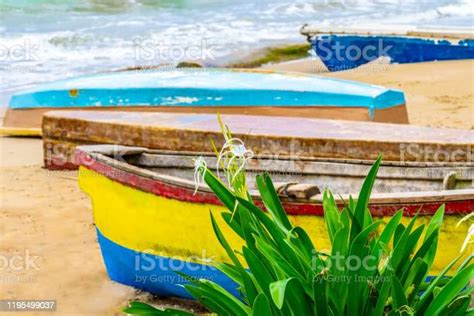 아름다운 해변 해안에 물에 의해 정박 다채로운 오래된 나무 낚시 보트 열대 카리브 해 섬에 하얀 모래 바다 해안 풍경입니다 0명에 대한 스톡 사진 및 기타 이미지 Istock