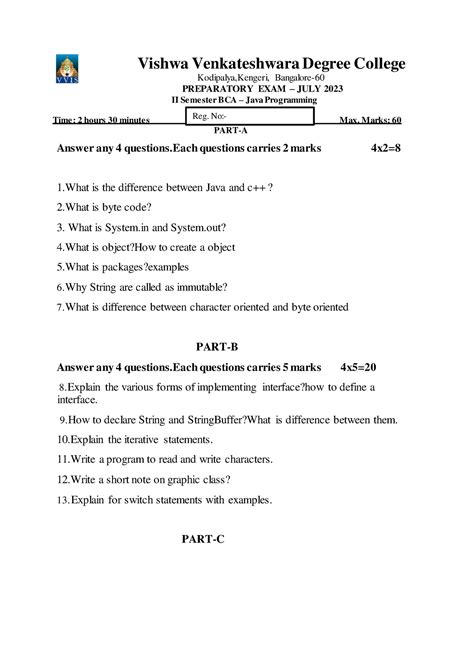 Java Marks 60 Part A Answer Any 4 Questions Questions Carries 2