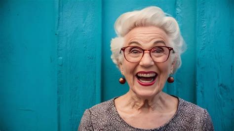 White Haired Old Lady With Glasses And A Wide Smile Behind A Turquoise