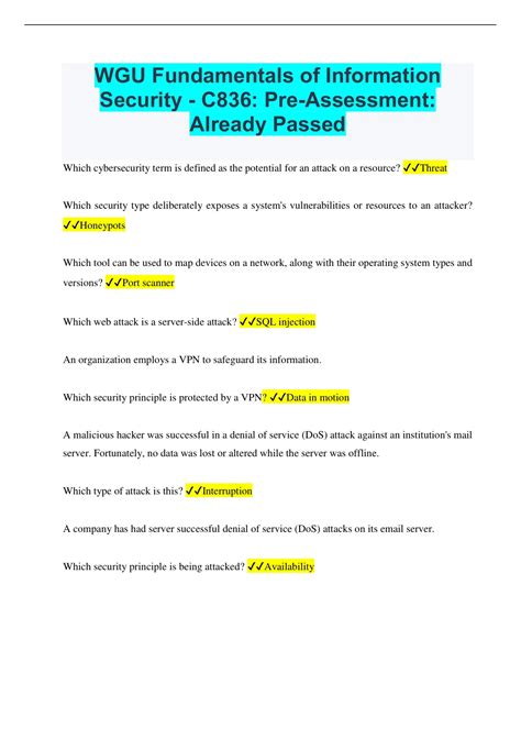 Wgu Fundamentals Of Information Security C836 Pre Assessment Already Passed Wgu
