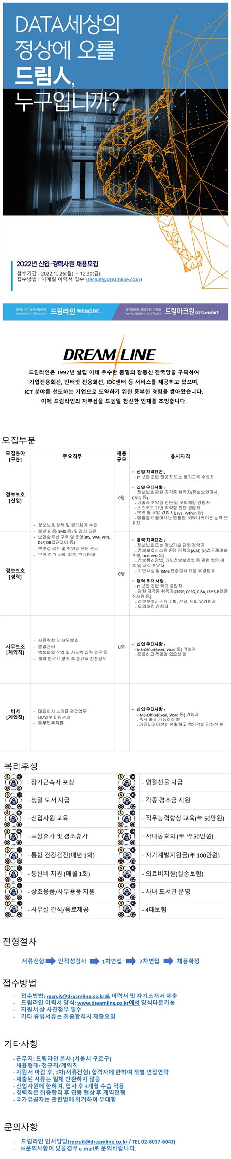 드림라인 채용공고 2022 정보보안담당자 및 사무보조비서 모집 2022년 채용