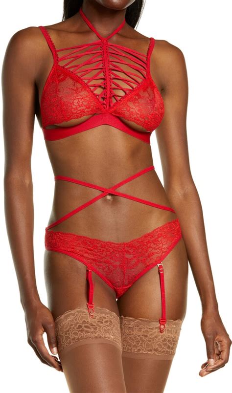 Mapale Lace Bralette Thong And Garter Belt Set Shopstyle Bras
