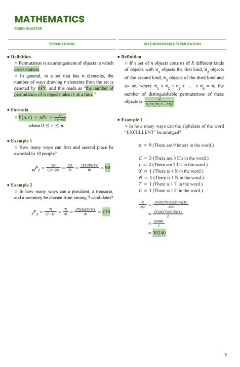 Math Reviewer Permutation Mathematics Third Quarter Permutation