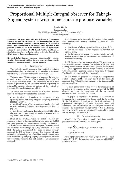PDF Proportional Multiple Integral Observer For Takagi Sugeno Systems With Immeasurable