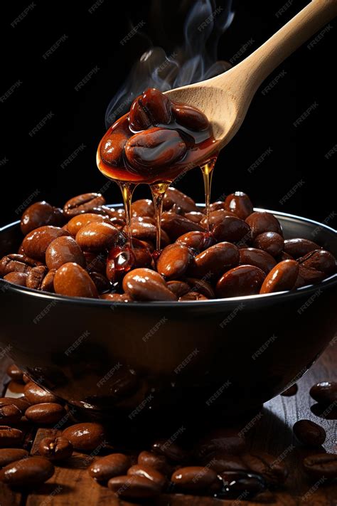 Premium Ai Image A Wooden Spoon Of Java Beans Flying Over Dark Background