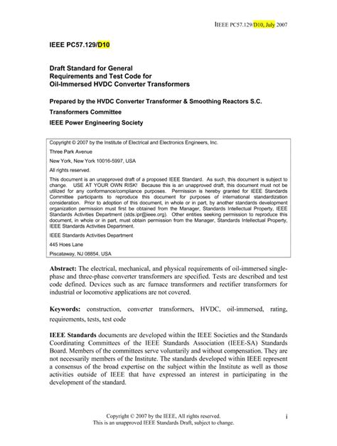 Pc57 129 D10 Jul 2007 Ieee Draft Standard For General Requirements And Test Code For Oil