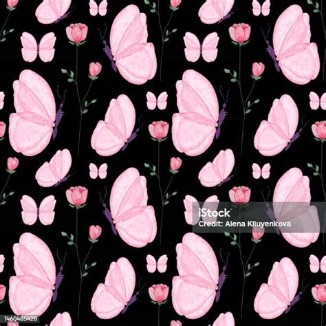 수채화 매끄러운 패턴 야생화는 휴일 웨딩 디자인을 위해 식물 스타일로 손으로 그린 검은 배경에 분홍색 나비와 함께 장미 패키지 카드 머그잔을 꾸미기위한 디지털 종이 팩 개체