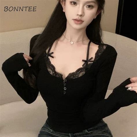 Лонгслив Женский черный Длинный размер 42 Хлопок Лавсан Бант Кружево прямой Однотонный