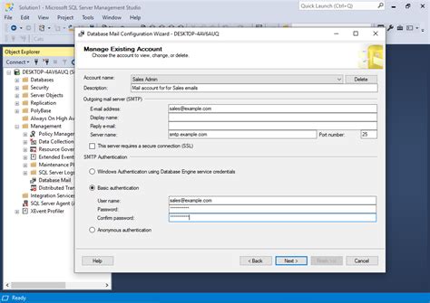 update a database mail account ssms