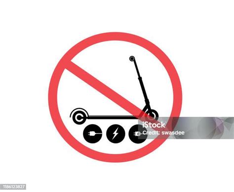 아니 전기 스쿠터 또는 전자 스쿠터 허용 사고 예방 표지판 금지 또는 금지 기호 경고 기호 도로 기호 기호 및 교통 기호 디자인 개념 벡터 일러스트레이션 거리에 대한 스톡