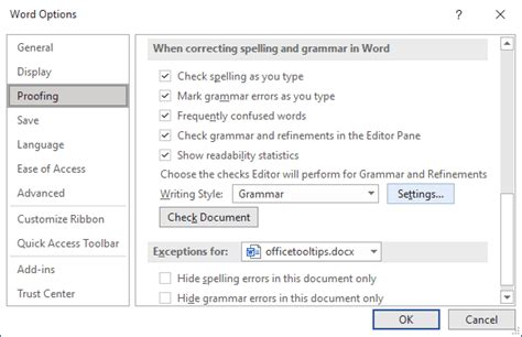 Choose Settings For Checking Grammar Microsoft Word 365